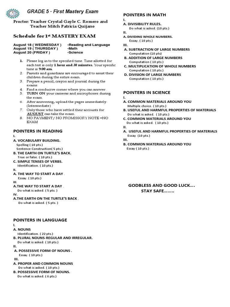 Grade 5 First Mastery Exam Guide | PDF | Test (Assessment) | Noun
