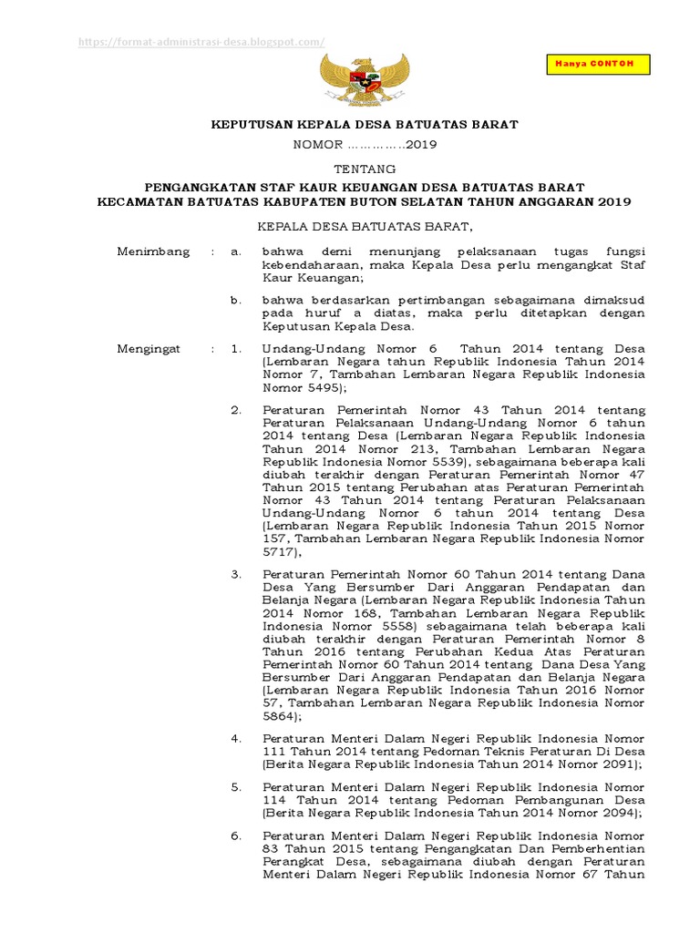 Contoh Format SK Staf Kaur Keuangan | PDF