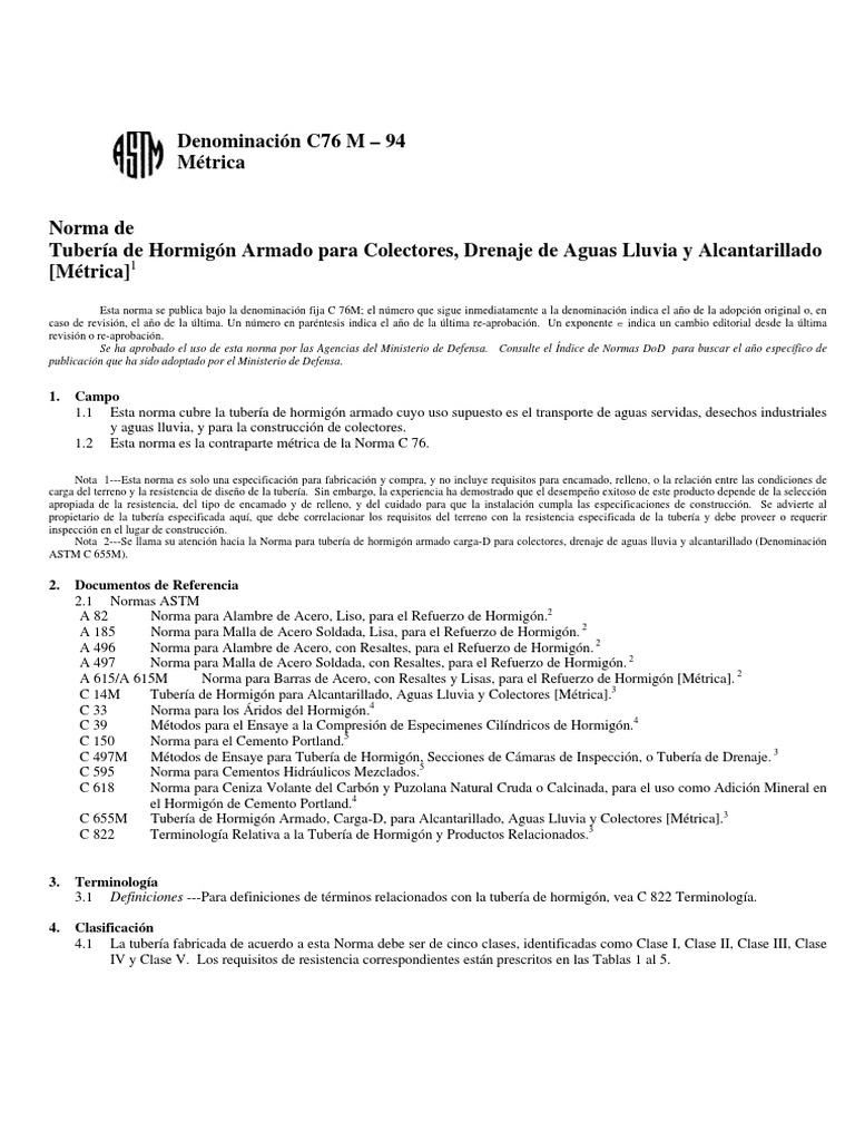Denominacion ASTMC76 M | PDF | Hormigón | Cemento