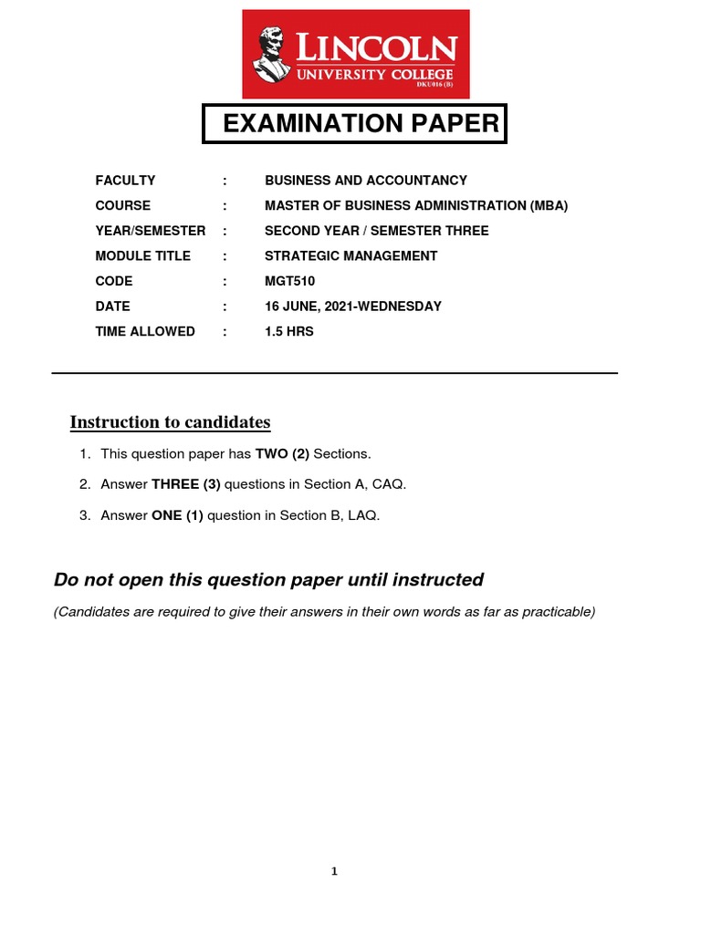 MBA Strategic Management Exam Paper | PDF | Sustainability | Swot Analysis