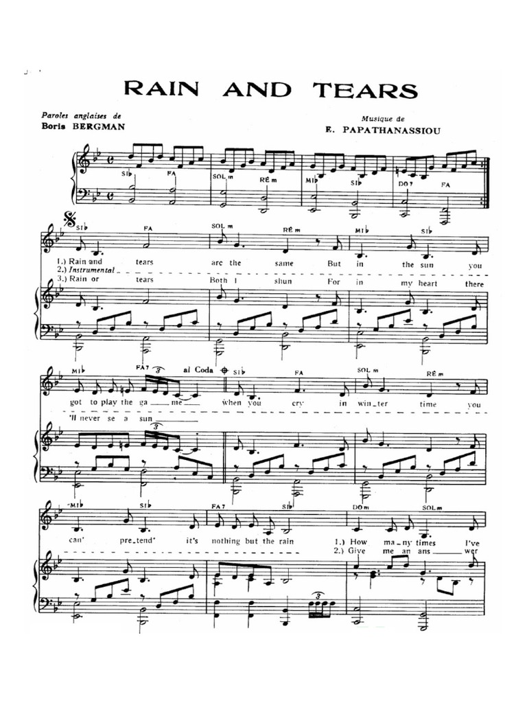 Rain and Tears Piano Sheet Music Notes | PDF