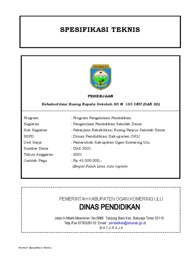 Spek Teknis Ruang Kepala Sekolah SD N 165 | PDF