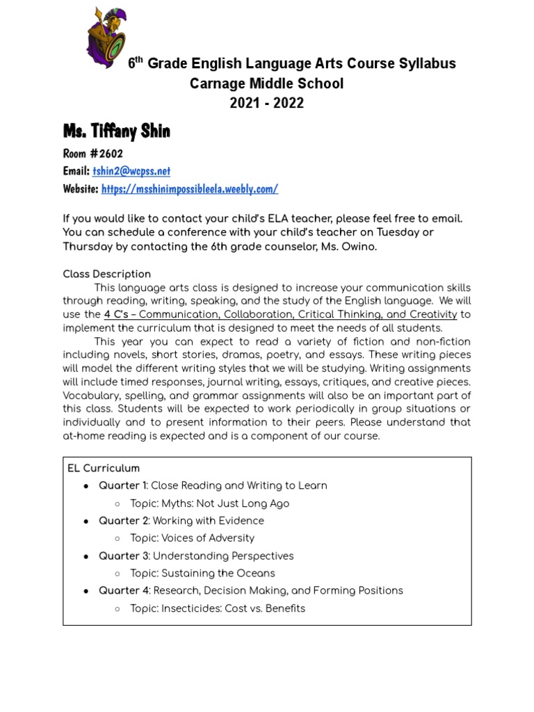 6th Grade ELA Course Syllabus 2021-22 | PDF | Curriculum | Books