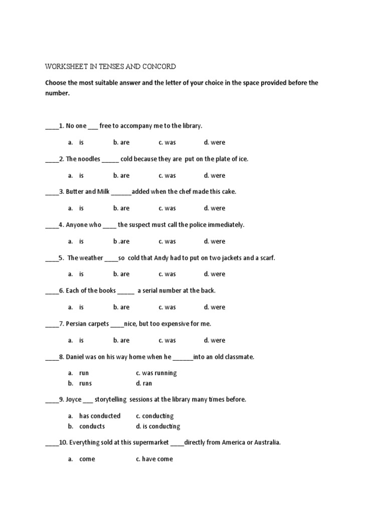 Worksheet in Tenses and Concord | PDF