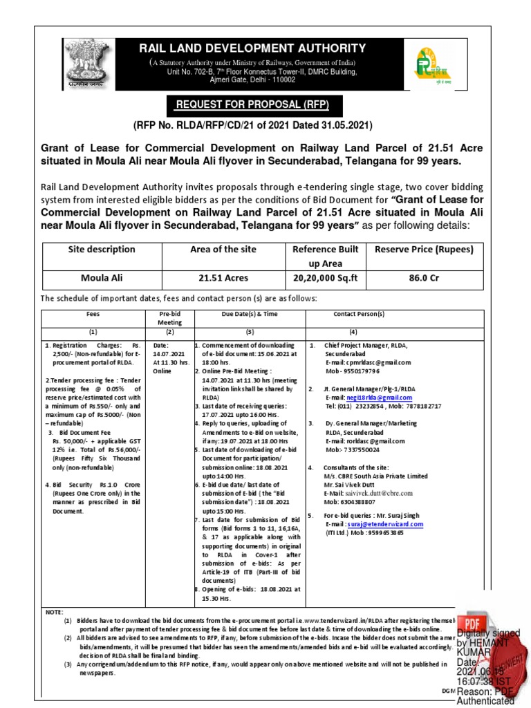 Rail Land Development Authority: (RFP No. RLDA/RFP/CD/21 of 2021 Dated ...