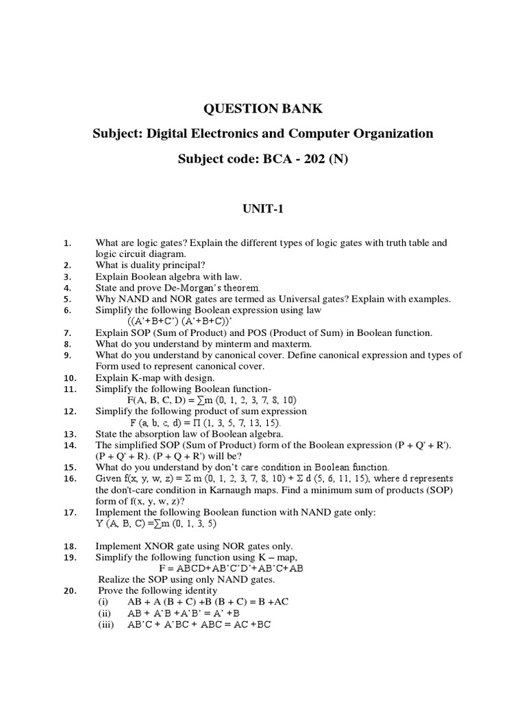 Question Bank Subject: Digital Electronics and Computer Organization ...