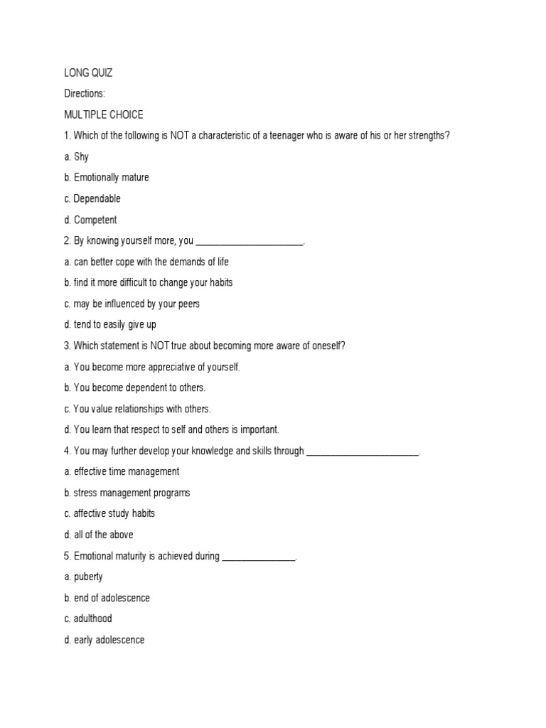 Long Quiz in Personal Development | PDF | Adolescence | Empathy