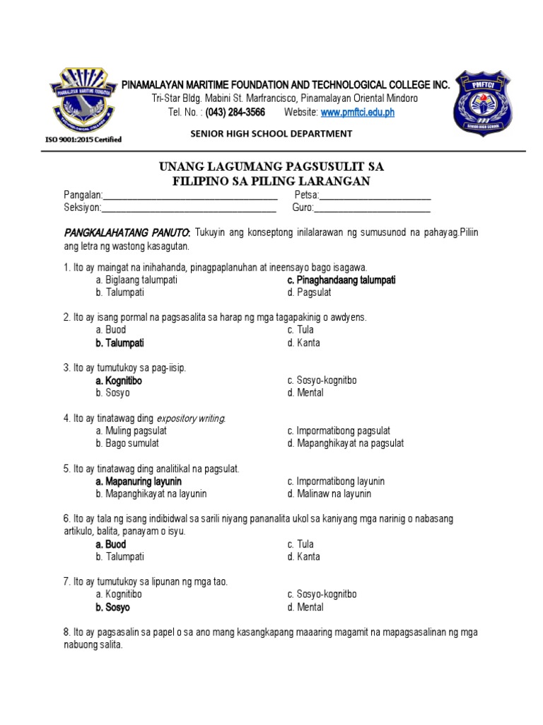 1st Quarter Exam in Filipino | PDF