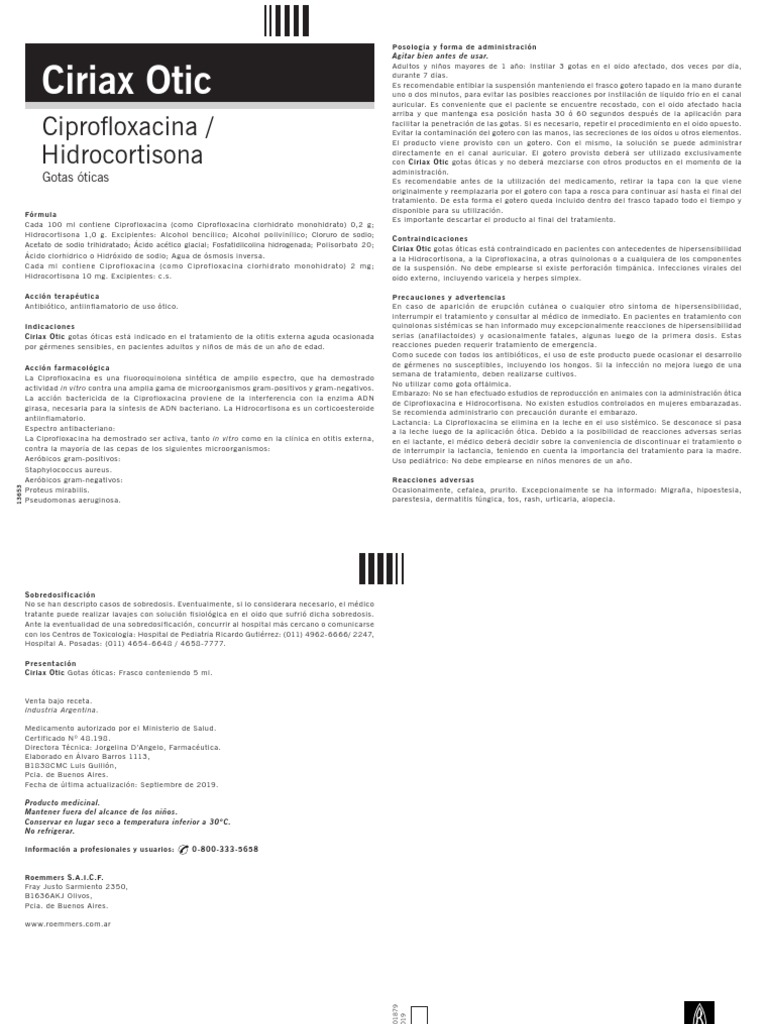 Ciriax Otic: Ciprofloxacina / Hidrocortisona | PDF | Especialidades ...