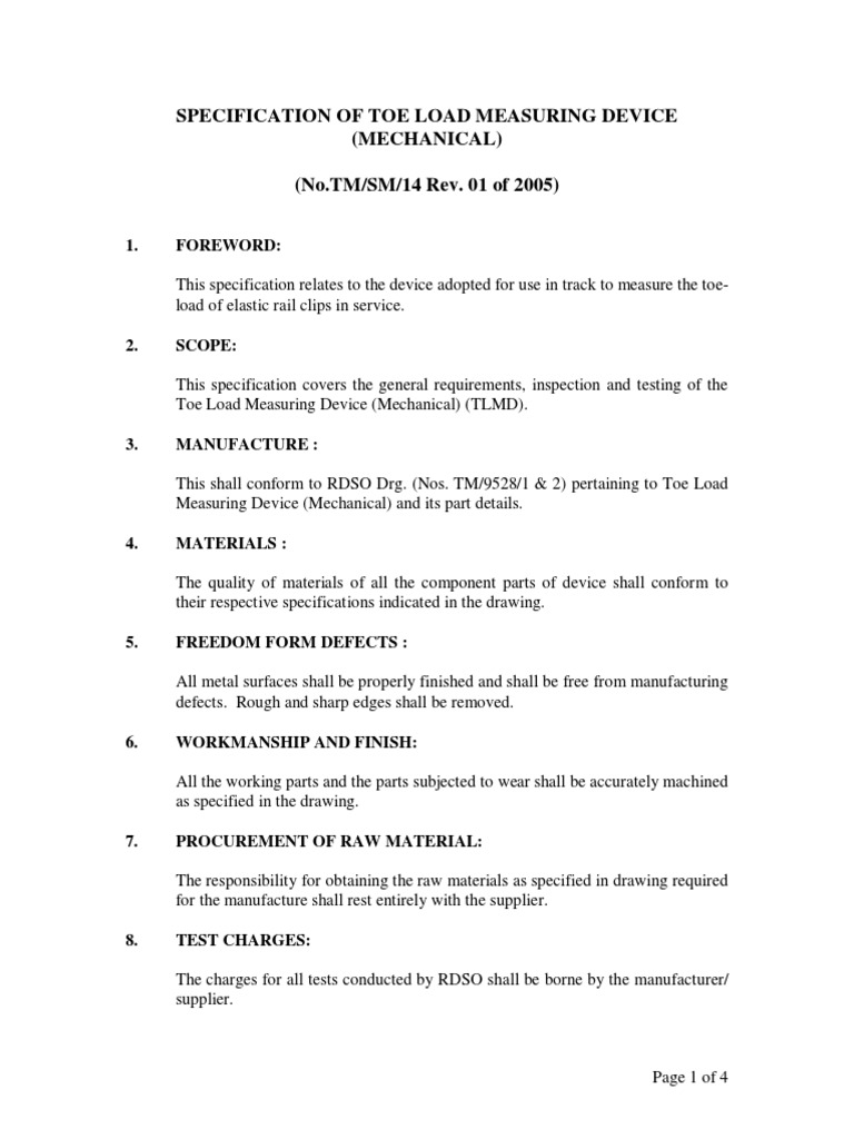 Specification of Toe Load Measuring Device (Mechanical) (No - TM/SM/14 ...