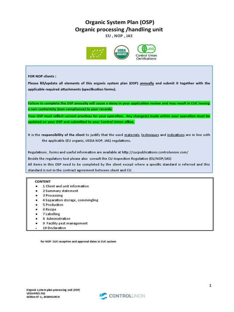 Organic System Plan (OSP) Organic Processing /handling Unit: Eu, Nop ...