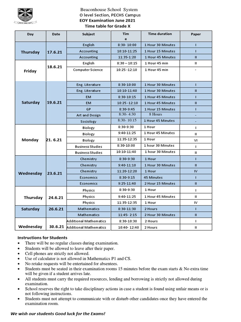 EOY Examination June 2021 Time Table For Grade X: Beaconhouse School ...