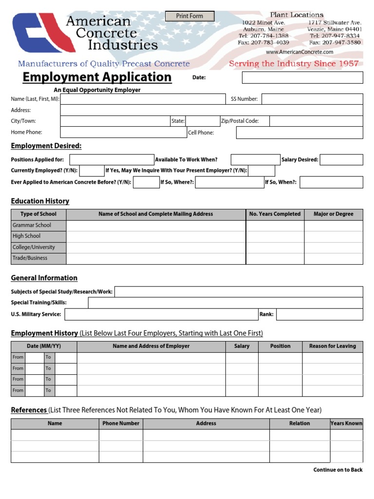 American Concrete Industries Employment Application | PDF | Zip Code ...