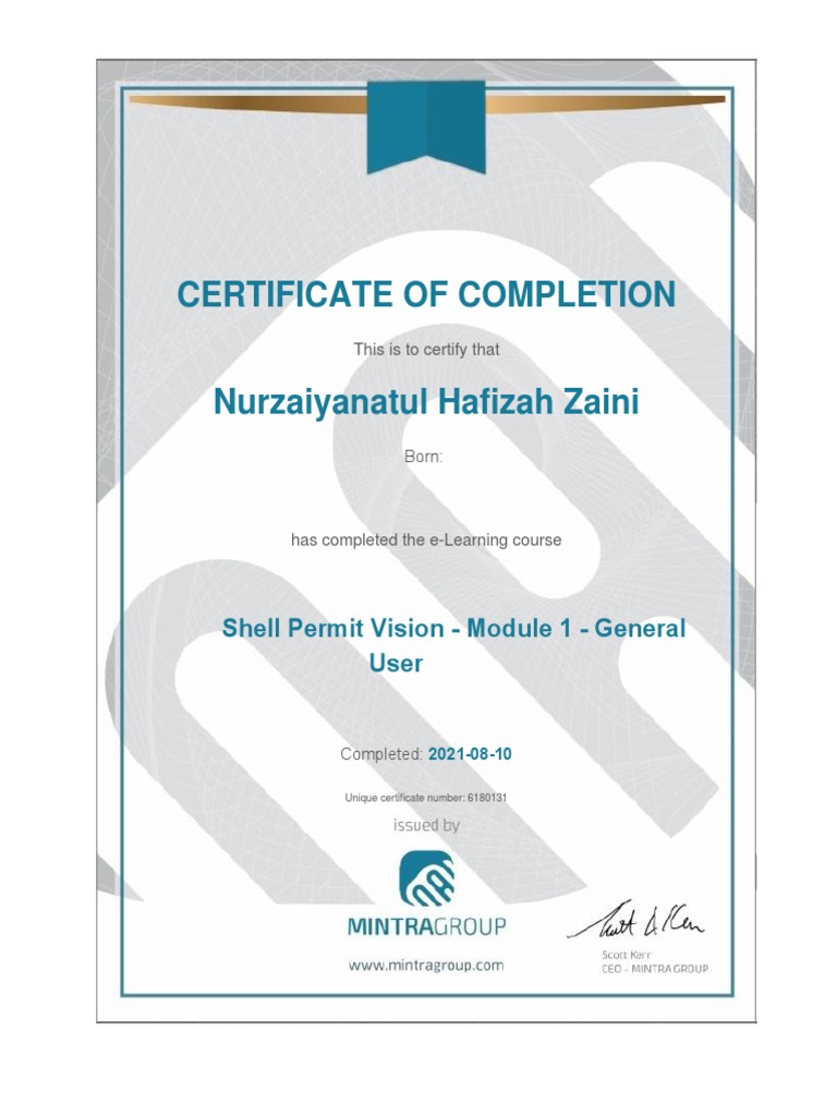 Shell Permit Vision Course Completion Certificate | PDF | Finance ...