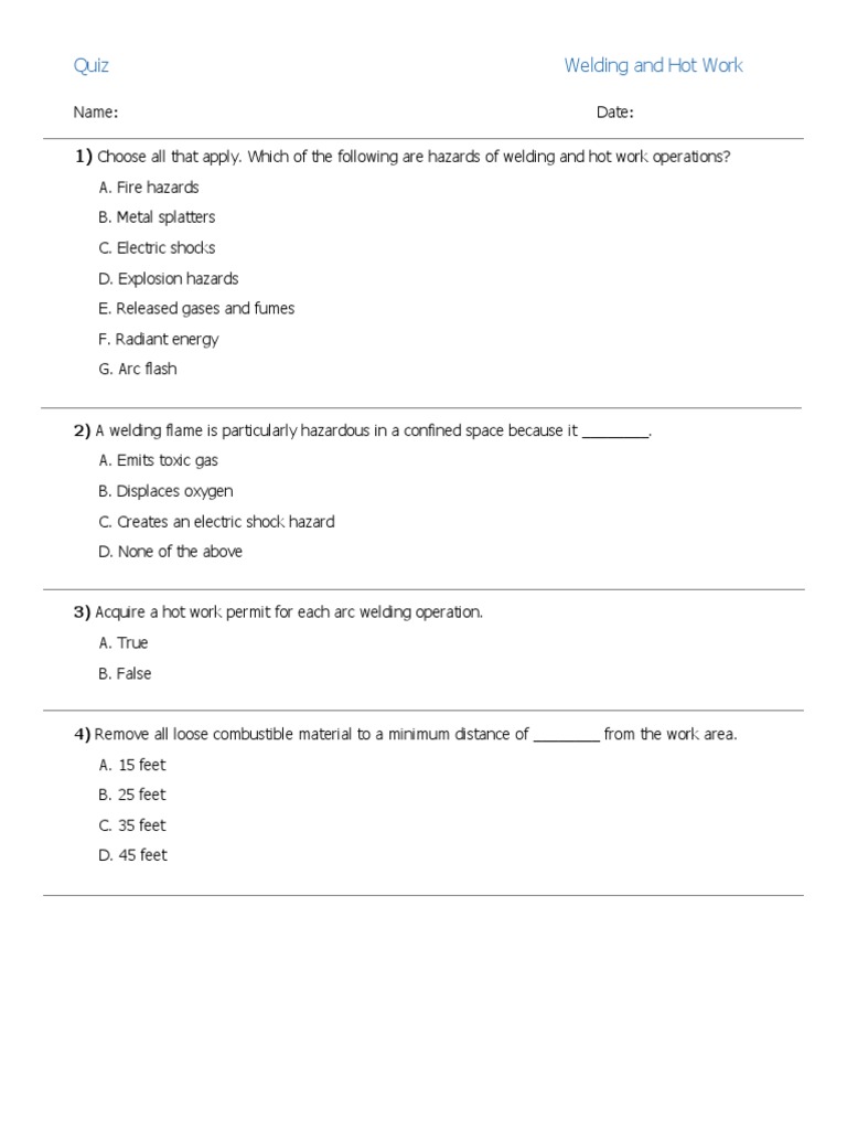 Welding and Hot Work English Quiz | PDF | Construction | Welding
