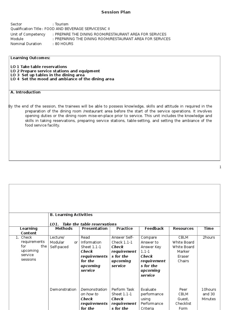 1 Session Plan Prepare The Dining Room | PDF | Restaurants | Lecture