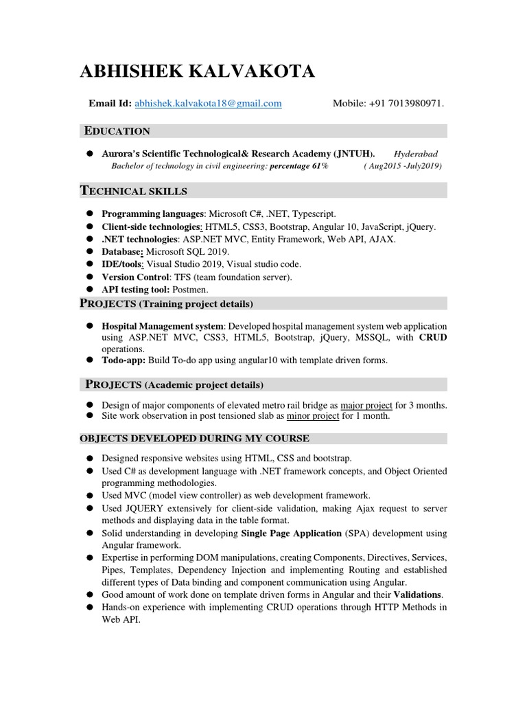 Sample Resume For Dot Net Angular Dev. | PDF