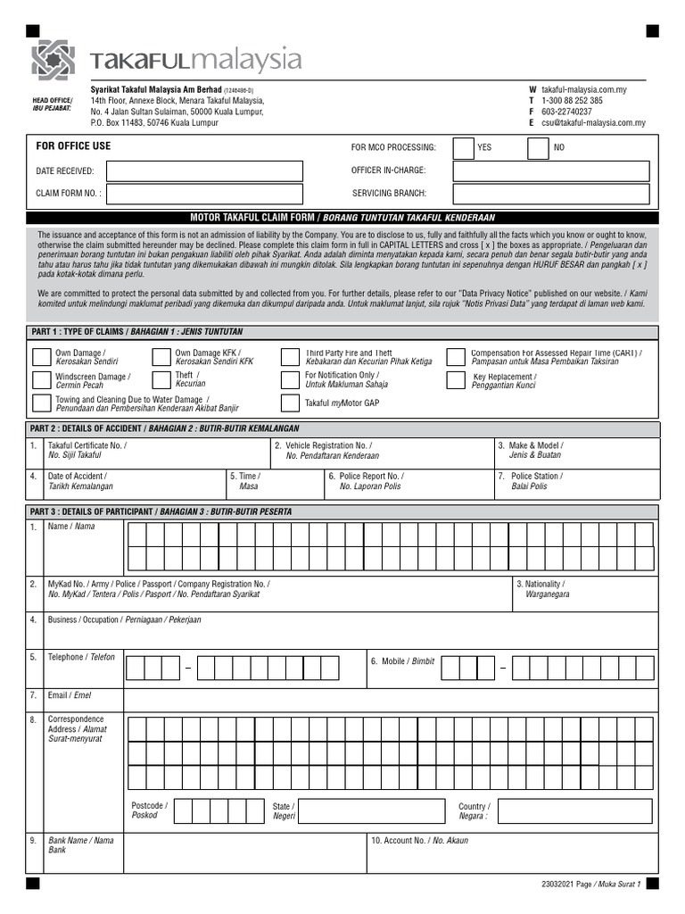 Motor Takaful Claim Form | PDF