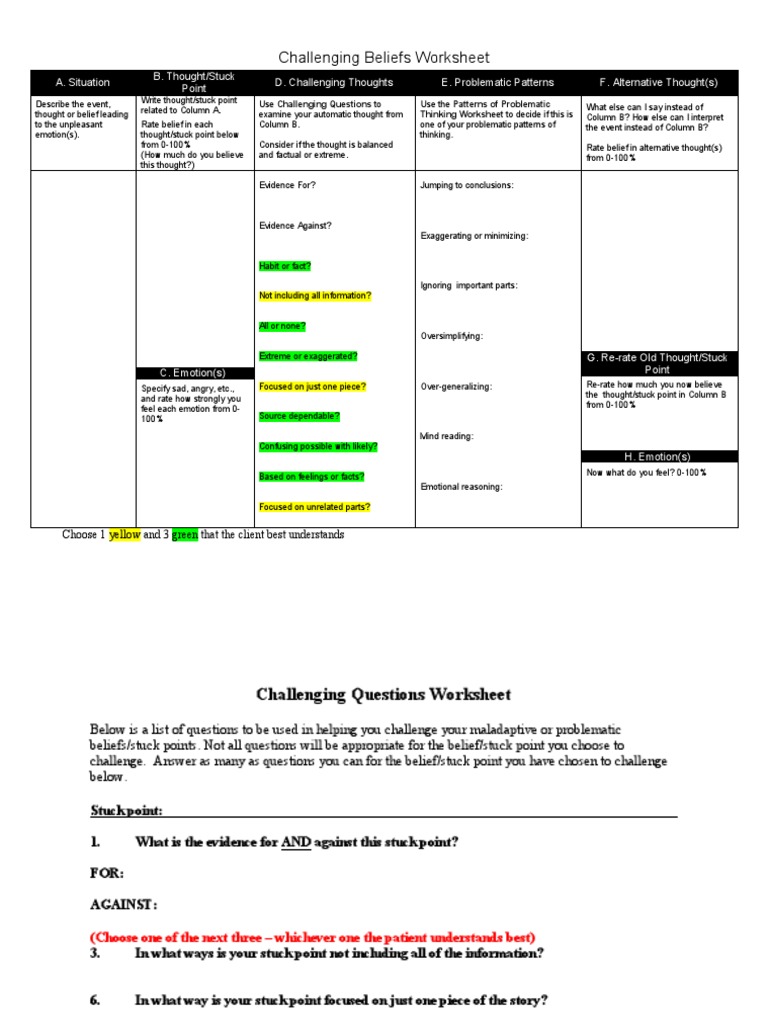 Challenging Beliefs Worksheet | PDF | Thought | Emotions