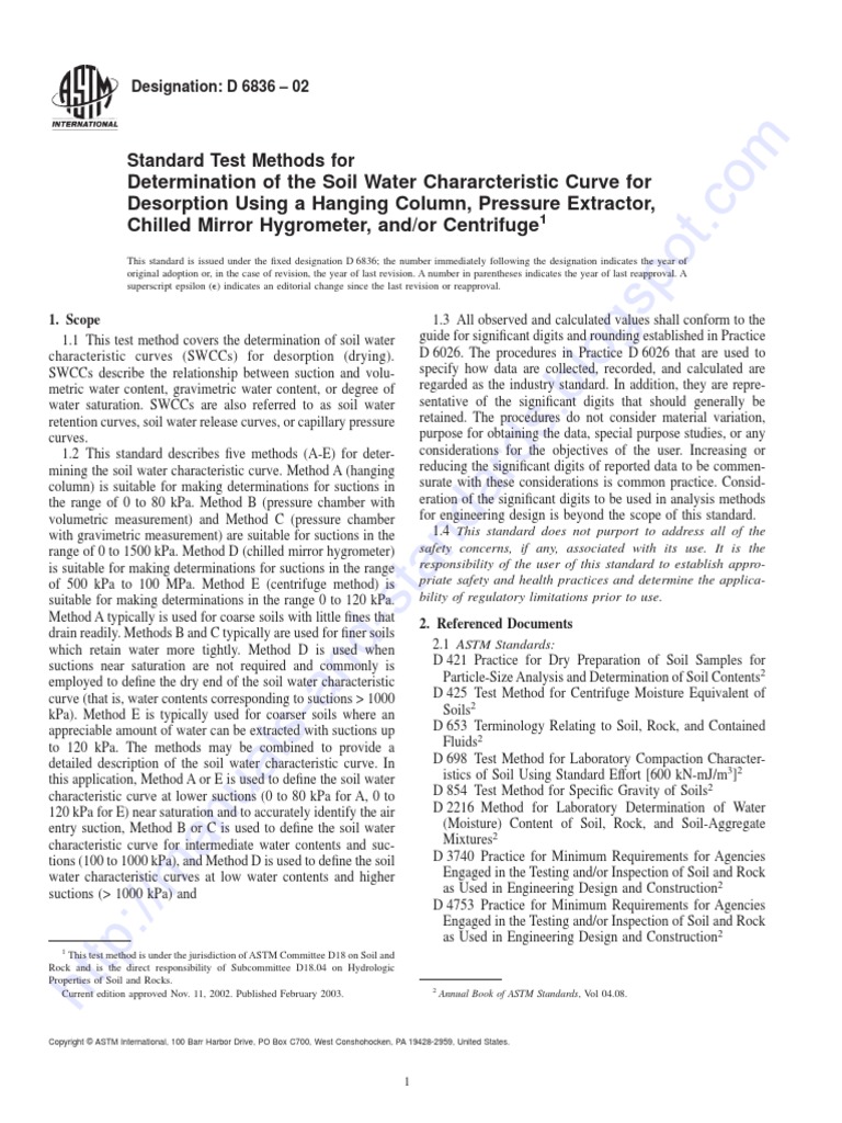 ASTM D 6836 02 Standard Test Methods For Determination of The Soil ...