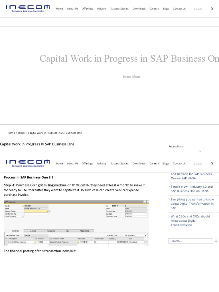 Capital Work in Progress in SAP Business One - Inecom | PDF | Business ...