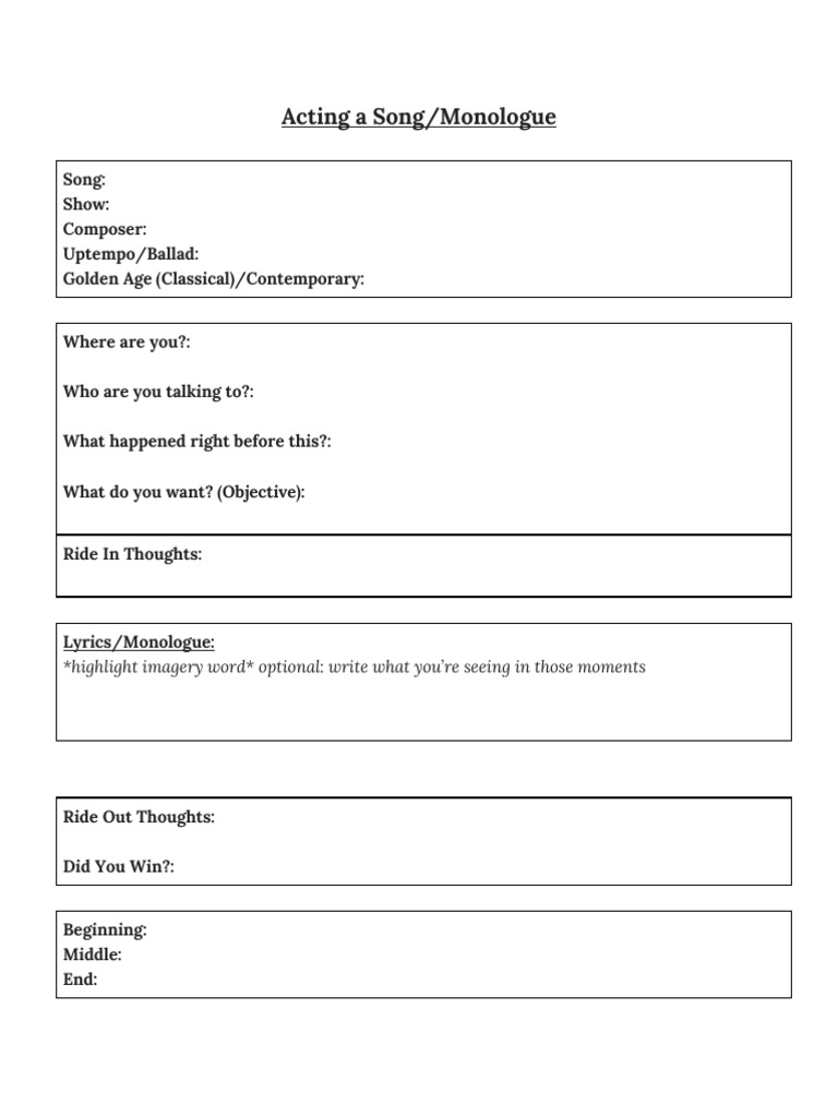Acting A Song/Monologue: Highlight Imagery Word Optional: Write What ...