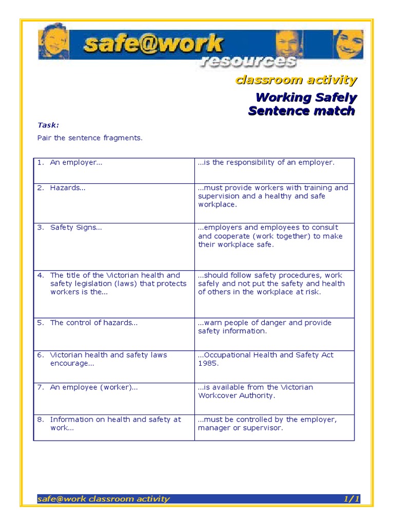 Classroom Activity Working Safely Sentence Match | PDF