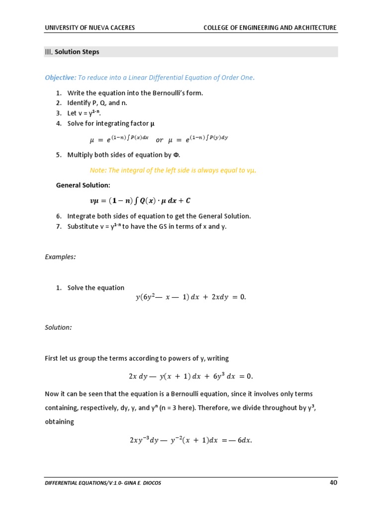 Bernoulli's Differential Equations | PDF | Equations | Differential ...
