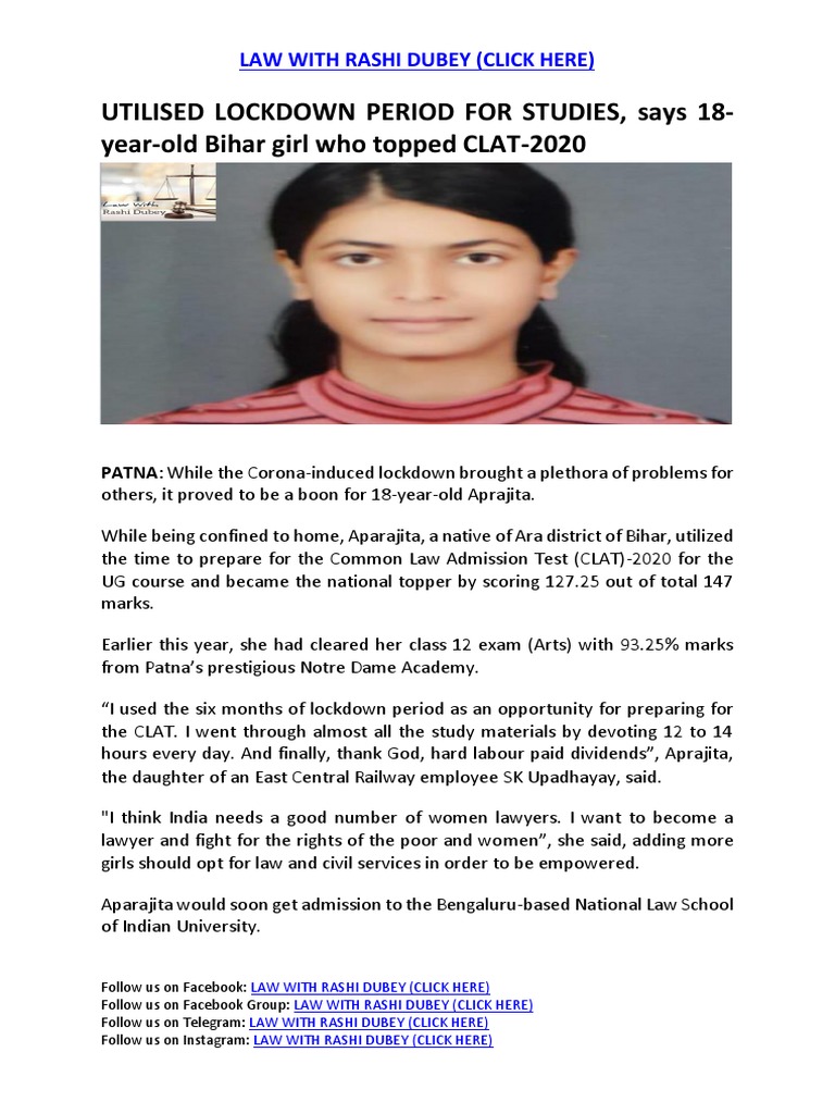 Clat 2020 Topper (Bihar) | PDF