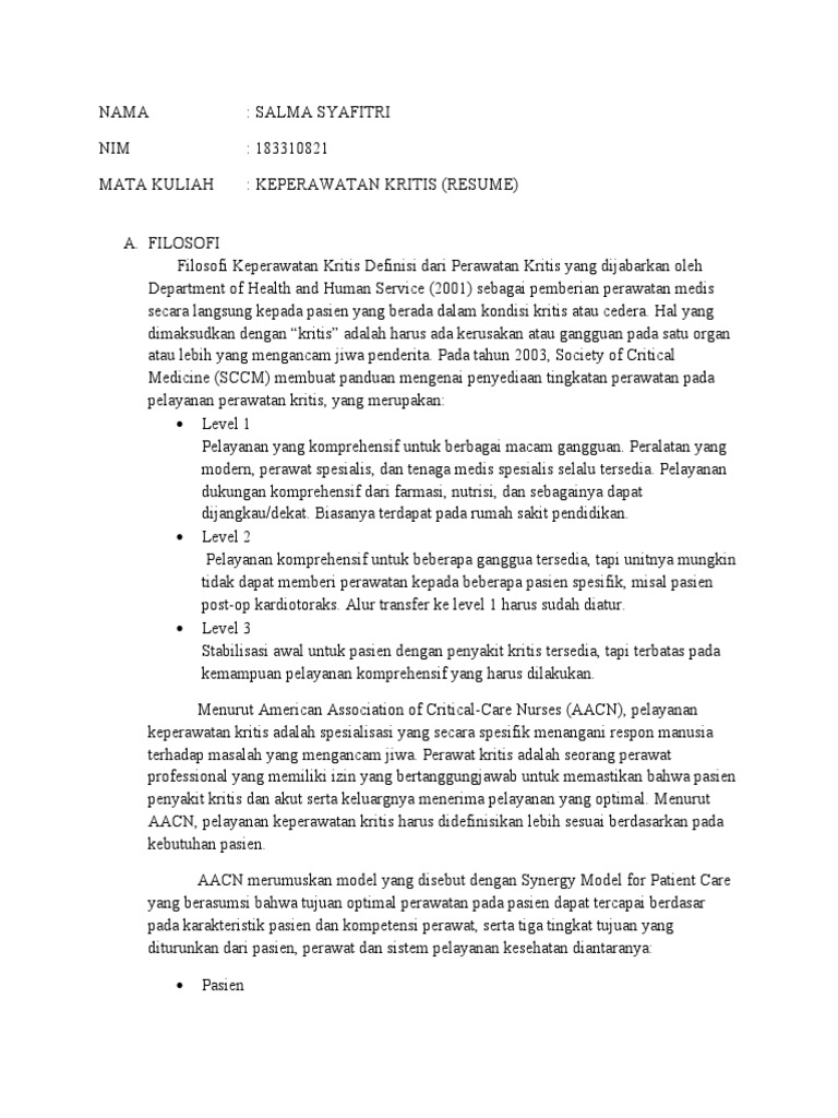 Resume Keperawatan Kritis (Salma Syafitri) | PDF