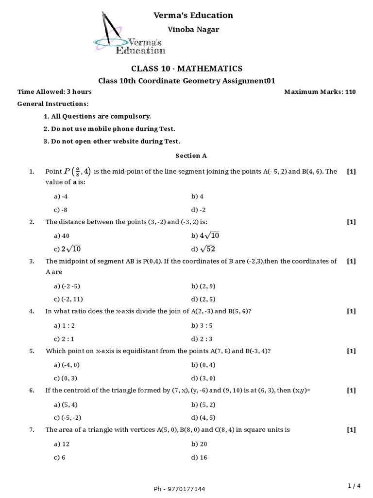 Maths 05 Coordinate Geometry Class 10 Practice Questions | PDF ...