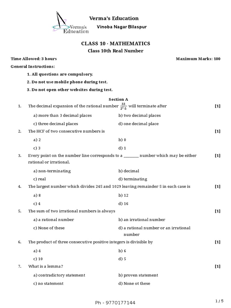 Maths 01 Real Number Class 10 Practice Questions | PDF | Numbers ...
