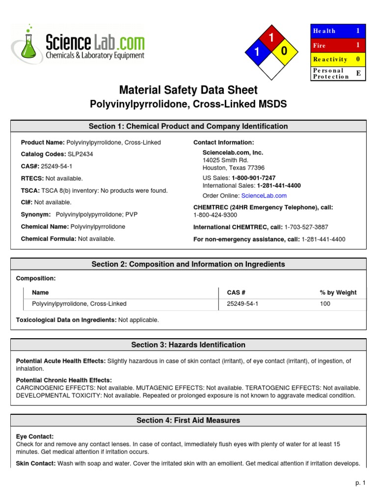 Msds Polyvinylpyrrolidone (TINTA) | PDF | Toxicity | Biodegradation