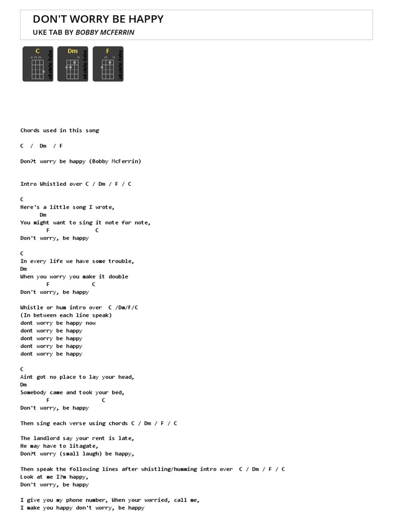 Don't Worry Be Happy Uke Tab by Bobby Mcferrin - Ukulele Tabs | PDF