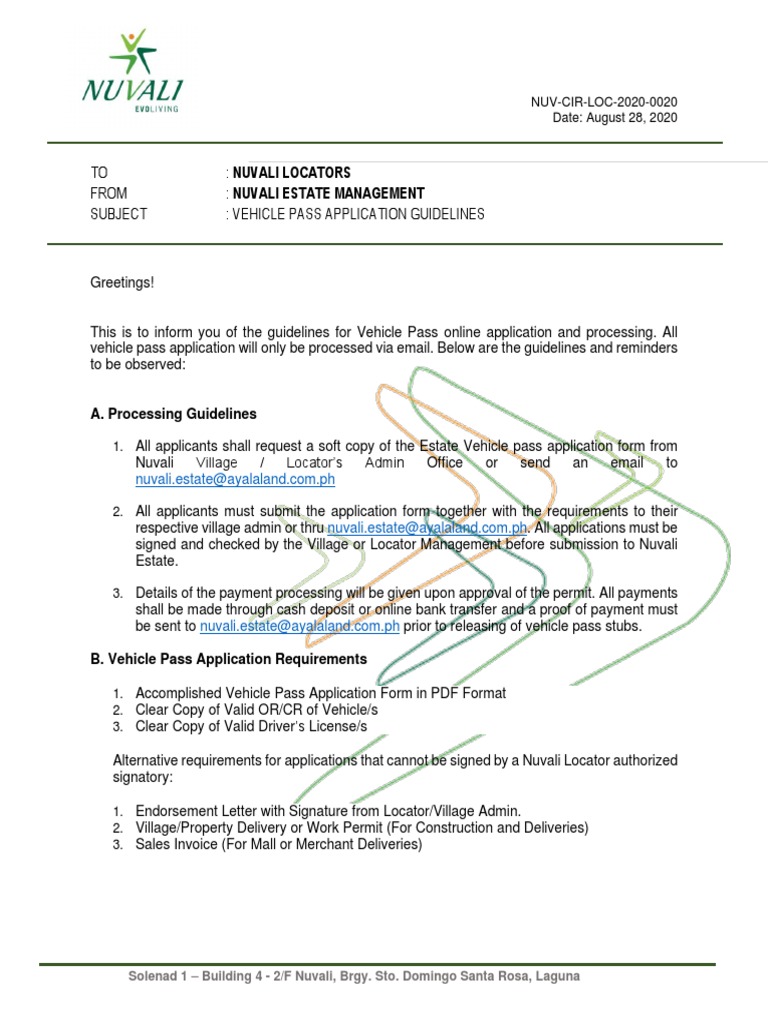 Nuv Cir Loc 2020 0020 Vehicle Pass Application Guidelines | PDF