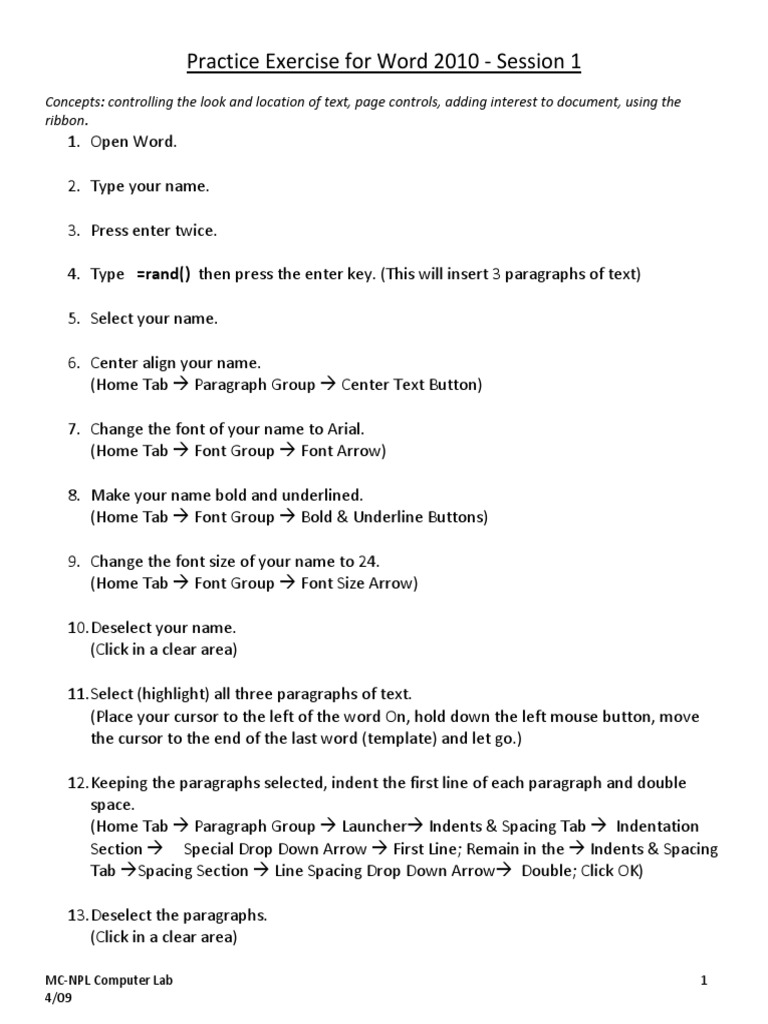 Practice Exercise For Word 2010 - Session 1 | PDF | Paragraph | Cursor ...