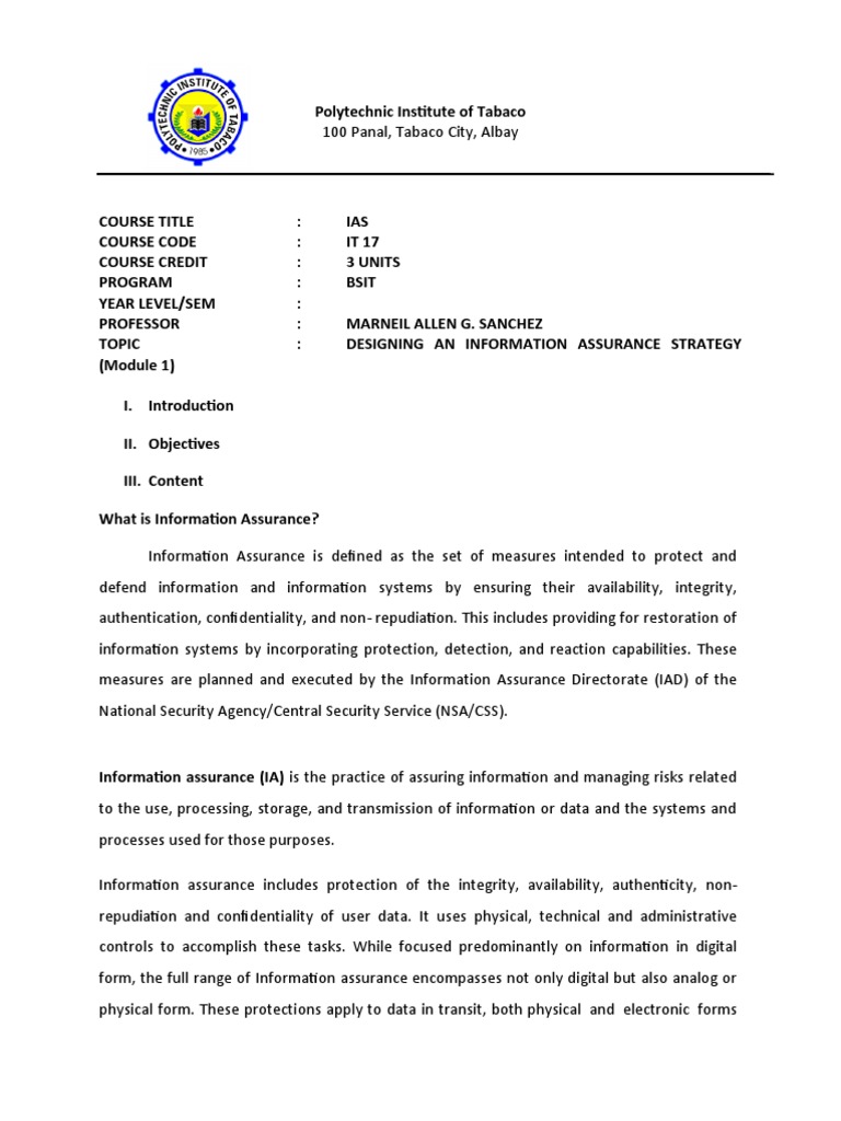 Information Assurance and Security (Information Assurance - Module 1 ...