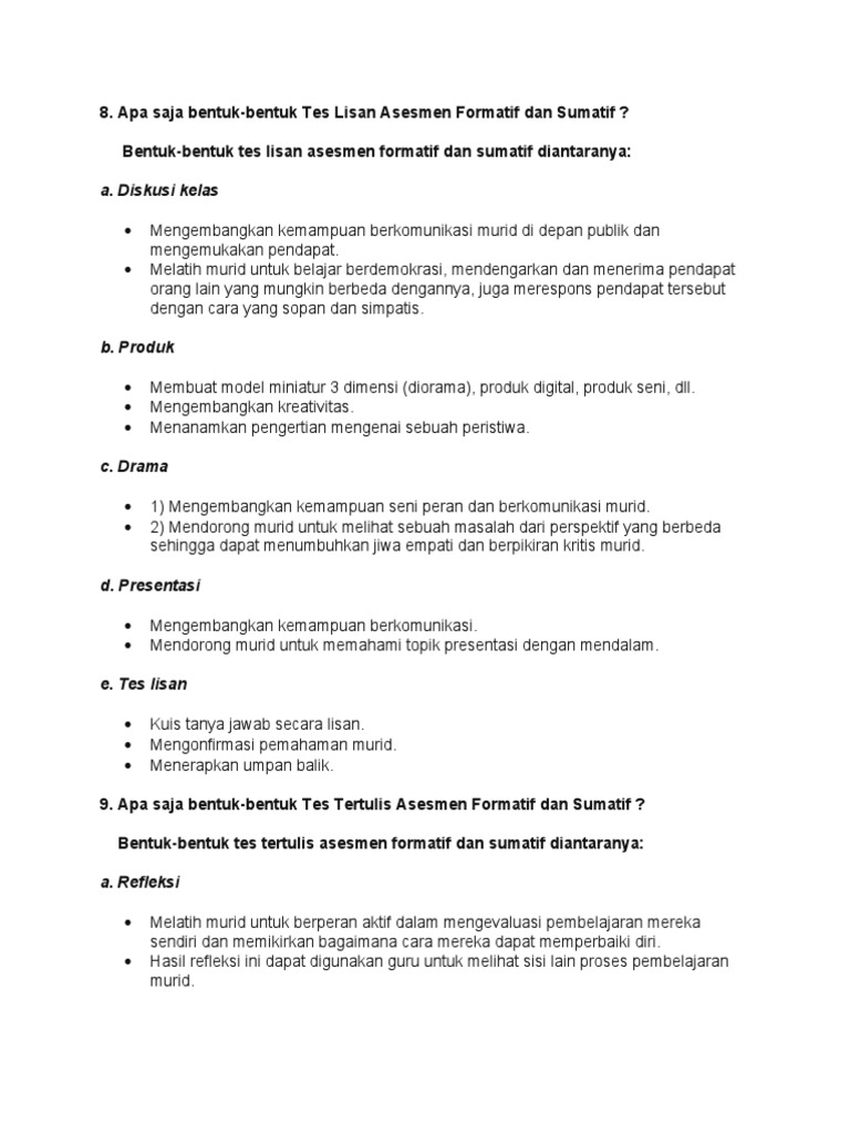 Apa Saja Bentuk-Bentuk Tes Lisan Asesmen Formatif Dan Sumatif | PDF