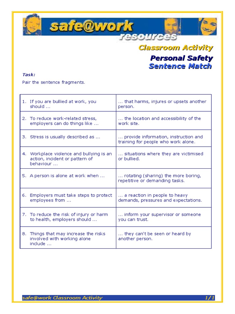 Classroom Activity Personal Safety Sentence Match | PDF