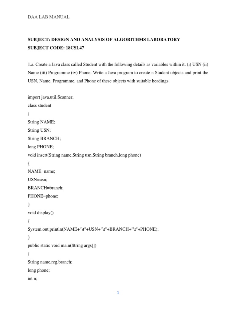 Subject: Design and Analysis of Algorithms Laboratory Subject Code ...