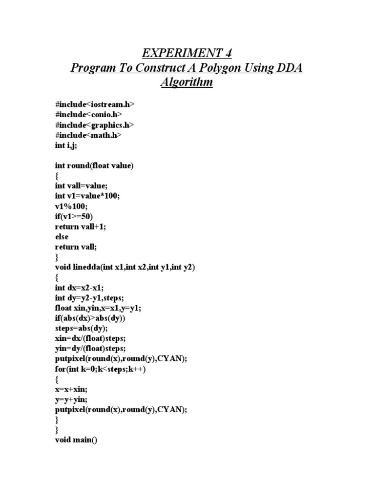 Experiment 4 Program To Construct A Polygon Using DDA Algorithm | PDF