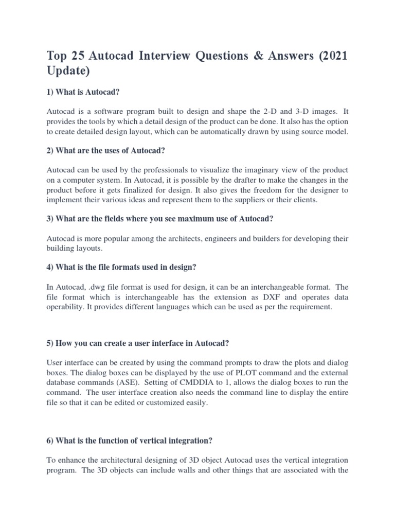 Top 25 Autocad Interview Questions & Answers (2021 Update) | PDF | Auto ...