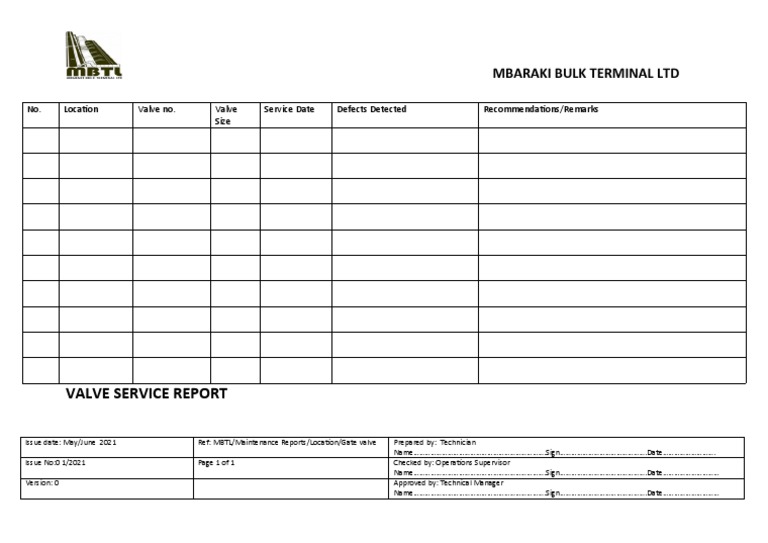 Valve Service Report: Mbaraki Bulk Terminal LTD | PDF