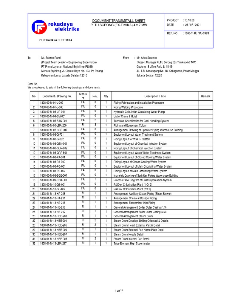 PLTU Sorong Document Transmittal Sheet | PDF | Steam | Mechanical ...