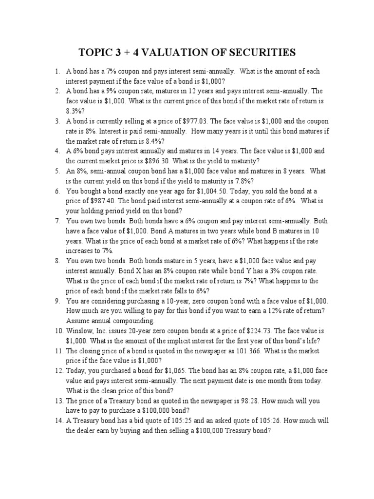 Topic 3+ 4 Valuation of Securities | PDF | Bonds (Finance) | Dividend