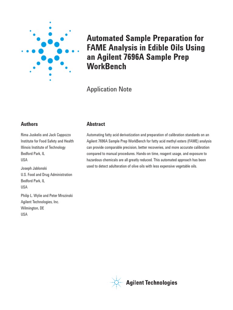 Automated Sample Preparation For Fame Analysis in Edible Oils Using An Agilent 7696A Sample Prep ...