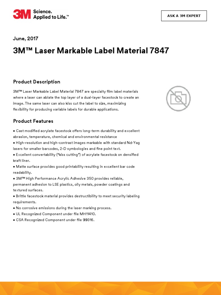 3M Laser Markable Label Material 7847 | PDF | Barcode | Safety