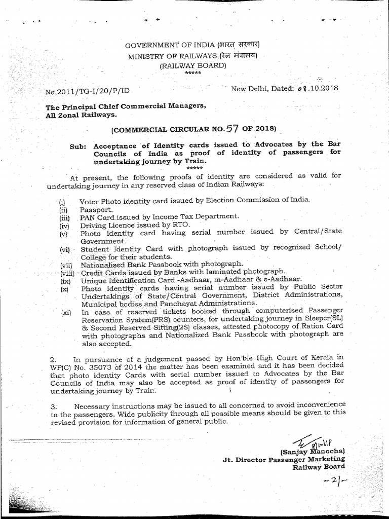Circular - Indian Railways - Accpeting BCI ID Card As Proof of ID | PDF