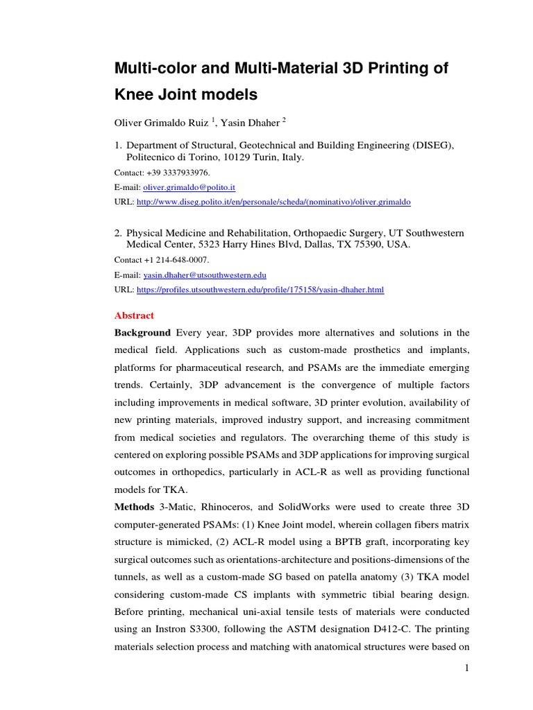 Multi-Color and Multi-Material 3D Printing of Knee Joint Models | PDF ...