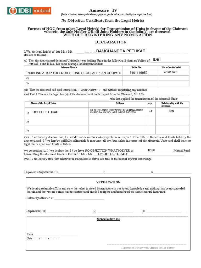Annexure - IV: No-Objection Certificate From The Legal Heir(s) | PDF | Private Law | Civil Law ...